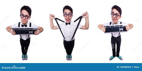 The Nerd Hacker With Computer Keyboard On White Stock Image Image Of Joke Internet