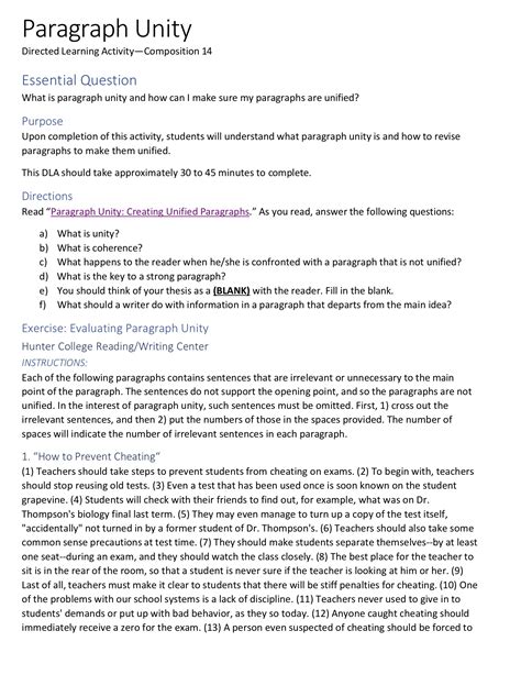 Solved Paragraph Unity Directed Learning Activity Composition Essential Course Hero