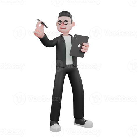 Professional Male Editor In 3d A Male Editor Stands With His Left Hand