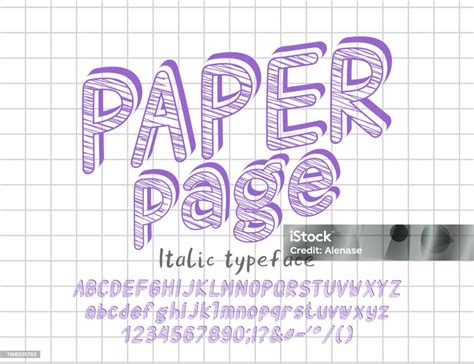 기울임꼴 벡터 3d 서체입니다 대문자 및 소문자 영어 알파벳 문자 숫자 및 기호 스케치 낙서 글꼴 라일락 색상 체크 가체 된 종이 페이지 배경의 텍스트 용지 페이지 3차원