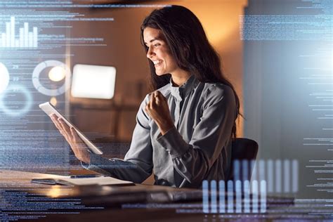 premium photo success woman or tablet coding overlay in night office