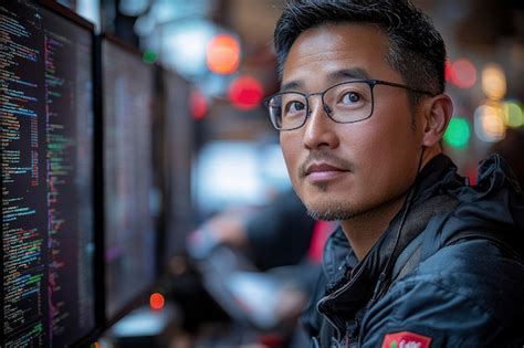Closeup Portrait Of A Man Wearing Glasses In Front Of A Computer Screen Displaying Code