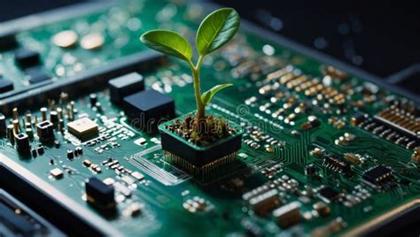 Idea Of Digital Evolution Or Technological Growth Represented By A Seedling Sprouting From A