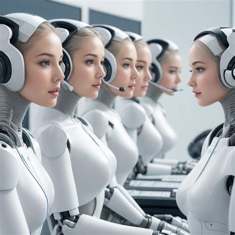 Premium Ai Image A Row Of Female Robot Talking On Microphone In A Call Center Of The Future