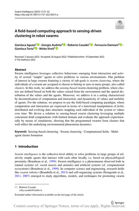 Pdf A Field Based Computing Approach To Sensing Driven Clustering In Robot Swarms
