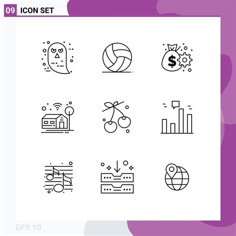 Set Of 9 Vector Outlines On Grid For Food Berry Business Wifi Home Editable Vector Design
