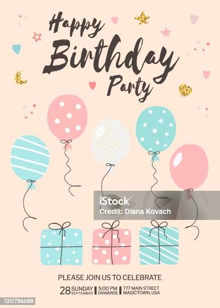 선물 풍선 심장 별 달의 손으로 그린 초대 장 생일 축하 파티에 레터링 낙서 스케치 벡터 일러스트 는 인사말 카드에 대한 생일을 축하하기 위해 초대합니다 개체 그룹에 대한