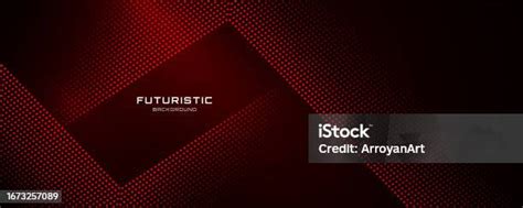 3d 레드 테크노 추상적인 배경은 빛나는 점 효과 장식으로 어두운 공간에 레이어와 겹칩니다 배너 전단지 카드 또는 브로셔 표지를 위한 현대적인 그래픽 디자인 요소 점선