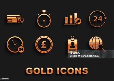 파운드 스털링 기호 식별 배지 프레젠테이션 재무 그래프 일정 차트 다이어그램 인포 그래픽 파이 그래프 봉투 동전 달러 및 스톱워치 아이콘으로 동전 돈을 설정합니다 벡터 금