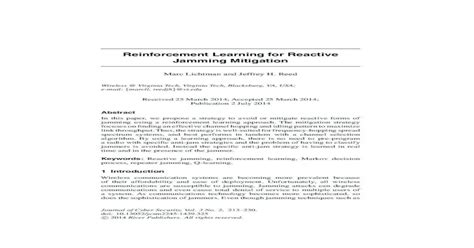 Pdf Reinforcement Learning For Reactive Jamming Mitigation · Pdf