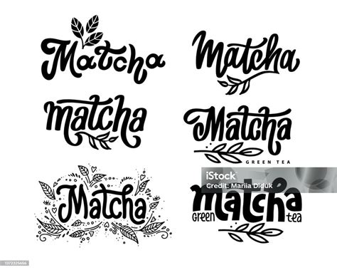 말차 디자인 세트 나뭇잎으로 장식된 레터링 차 제품에 대한 검은 손으로 그린 벡터 서예 녹색 아시아 일본 음료 벡터에 대한 스톡