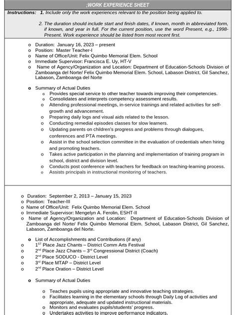 Cs Form No 212 Attachment Work Experience Sheet Pdf
