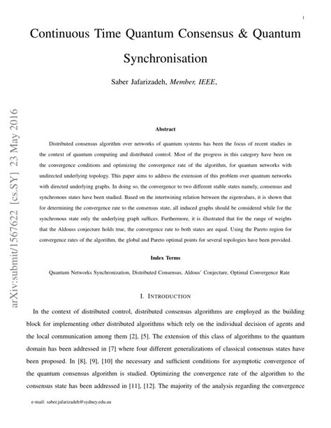 Pdf Continuous Time Quantum Consensus And Quantum Synchronisation