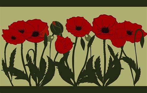 원활한 벡터 테두리 양 귀 비 녹색 배경에 빨간 양귀비꽃 패턴 섬유 직물 벽지 인테리어 디자인 포장 제품 디자인에 적합 개화기에 대한 스톡 벡터 아트 및 기타 이미지