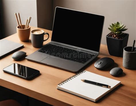 flat lay photograph of a modern work from home desk setup stock