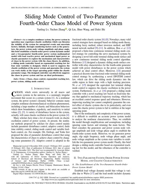 Sliding Mode Control Of Two Parameter Fourth Order Chaos Model Of Power System Pdf Chaos