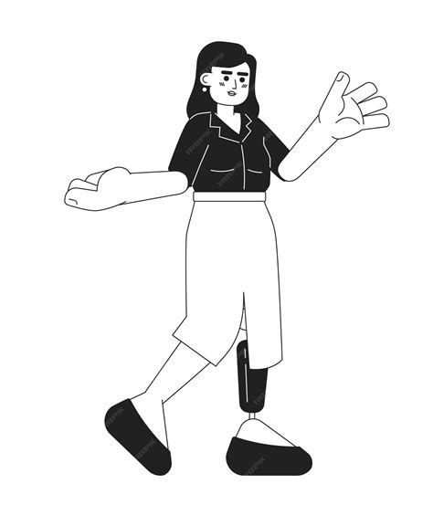백인 성인 여성 의족 다리 검은색과 ⁇ 색 2d 만화 캐릭터 장애인 여성 사무실 직원 캐주얼 고립 ⁇ 터 윤 ⁇ 사람 단색 평평한 점 일러스트레이션 프리미엄 벡터