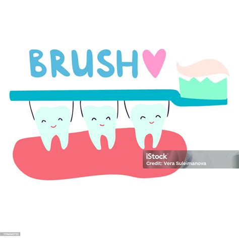 손으로 그린 벡터 일러스트 레이 션에 3 개의 귀여운 이빨과 함께 칫 솔을 잡고 붙여 넣기 및 단어 브러시 이빨 요정 허구 캐릭터에 대한 스톡 벡터 아트 및 기타 이미지