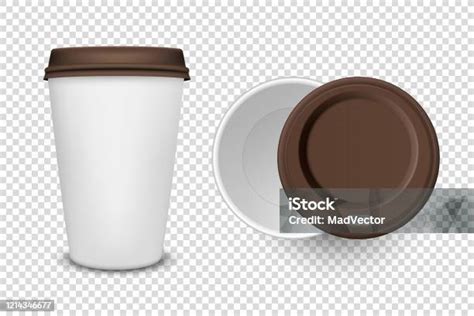 벡터 3d 현실적인 일회용 개봉 및 폐쇄 종이 플라스틱 커피 갈색 플라스틱 뚜껑 아이콘 설정 닫힘 설정 음료용 차 컵 투명 배경에 격리 디자인 템플릿 모형 맨 위 보기 0