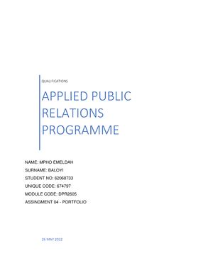 DPR3701 Portfolio This Assignment Is Marked COVER PAGE COURSE DIPLOMA OF PUBLIC RELATIONS