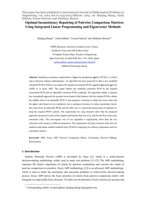 pdf optimal inconsistency repairing of pairwise comparison matrices using integrated linear