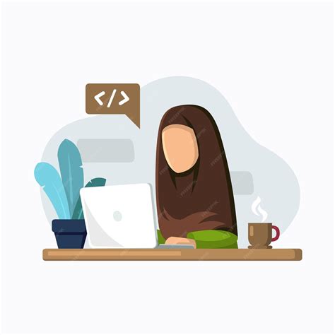 노트북 벡터 일러스트 레이 션 앞에서 작업 프리미엄 이슬람 여성 프로그래머 캐릭터 프리미엄 벡터