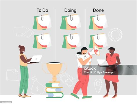 스티커 개념 벡터가 있는 칸반 보드 애자일 및 스크럼 방법론이 표시됩니다 스크럼 일일 스탠드 업 회의의 설명자 그림입니다 간반에