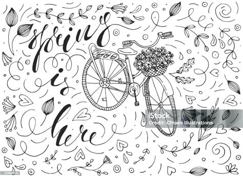 봄은 여기 벡터 일러스트 레이 션 빈티지 자전거 꽃 서 예 글자와 펑키 한다면 충분히 바구니 이다 흑백 벡터 잉크 선형 라인 아트 디자인에서 타이포 그래피 포스터 그리기에