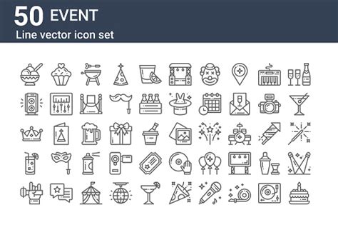 50개의 이벤트 아이콘으로 구성된 세트입니다 케이크 바위 주스 크라운 스피커 컵 케이크 그림과 같은 얇은 라인 아이콘을 윤곽 아이콘에 대한 스톡 벡터 아트 및 기타 이미지