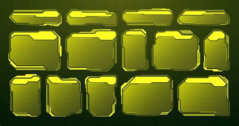 노란색 미래 지향적 Hud Ui 요소 공상 과학 사용자 인터페이스 텍스트 상자 설명선 경고 메시지 프레임 정보 상자 템플릿입니다 디지털 스타일의 현대적인 게임 인터페이스