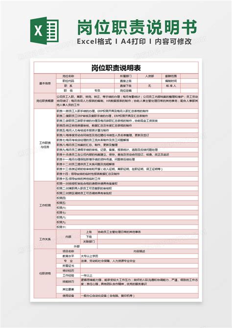 红色简约专员岗位职责说明表模版excel模板下载熊猫办公