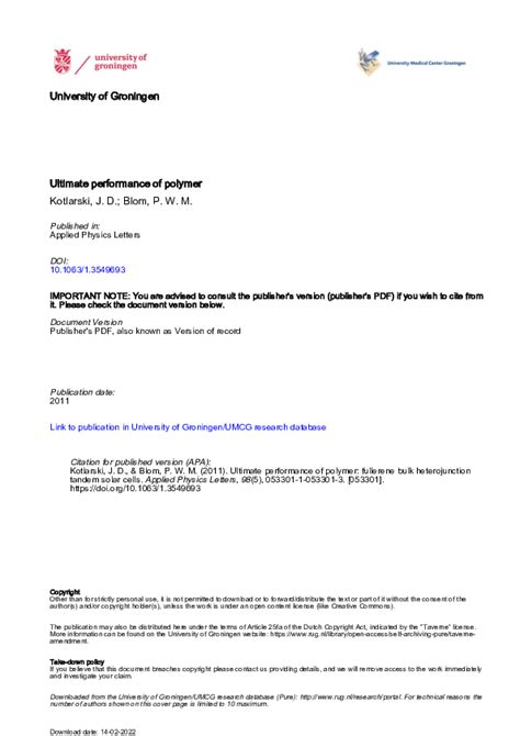 Pdf Ultimate Performance Of Polymerfullerene Bulk Heterojunction