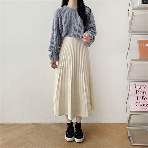 겨울 니트 플리츠 롱 스커트 에이블리