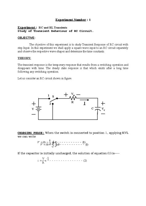 Experiment Rl Rc Experiment Number 1 Experiment RC And RL Transients Study Of Transient