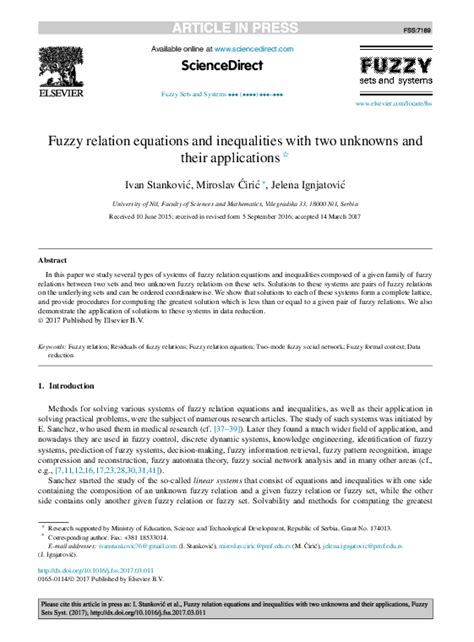 Pdf Fuzzy Relation Equations And Inequalities With Two Unknowns And Their Applications