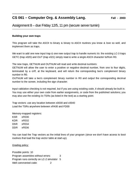 Computer Organization And Assembly Language Assignment 8 Cs 061 Docsity
