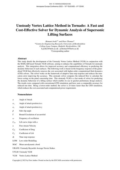 Pdf Unsteady Vortex Lattice Method In Tornado A Fast And Cost Effective Solver For Dynamic