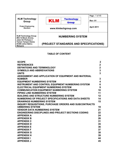 NUMBERING SYSTEM PROJECT STANDARDS AND