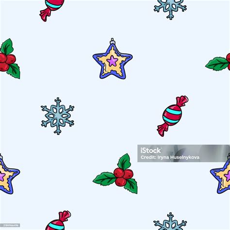 크리스마스 트리 장난감 겨우살이 가지 눈송이 사탕이 있는 밝은 완벽 한 패턴 끝없는 새해와 크리스마스 배경 장식 포장지 인쇄를 위한 디자인 12월에 대한 스톡 벡터 아트 및