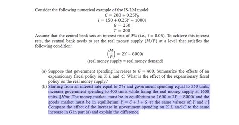 Solved Consider The Following Numerical Example Of The IS LM Chegg