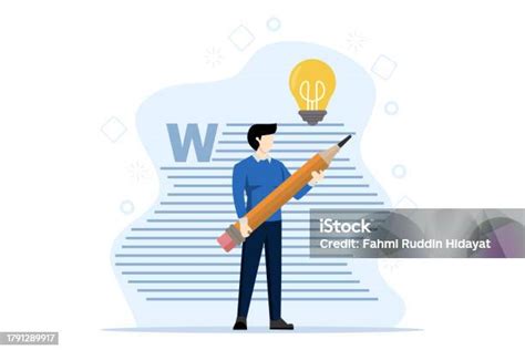 카피라이팅 개념 저널리즘 글쓰기 저작권 아이디어 연필 쓰기나 텍스트 편집으로 성공한 남자 흰색 배경에 평면 디자인의 벡터
