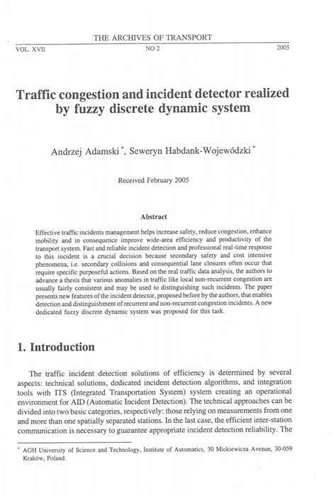 Pdf Traffic Congestion And Incident Detector Realized By Fuzzy Discrete Dynamic System Polish