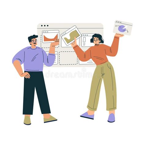 Productive Team With Business Man And Woman With Window Screen Work Together Vector Illustration