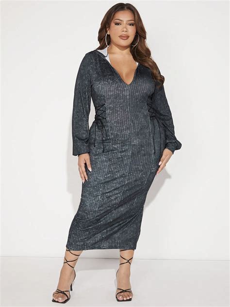 Shein Sxy Shein Sxy Plus Size Womens Ribbed Tie Deep V Neck Bodycon Dress New Years Women