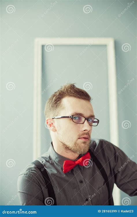 Young Man In Eyeglasses Red Bowtie And Suspenders Stock Image Image