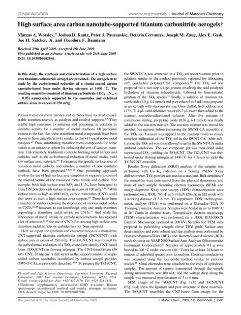 Pdf High Surface Area Carbon Nanotube Supported Titanium Carbonitride Aerogels