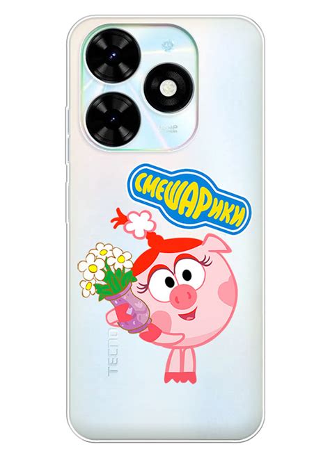 Чехол для Tecno Spark Go 2024 с мультиком Smeshariki Смешарики лого и Нюша с цветами из