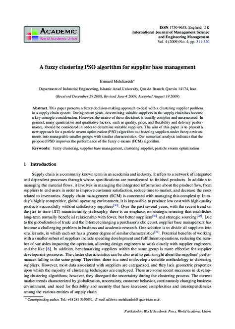 Pdf A Fuzzy Clustering Pso Algorithm For Supplier Base Management