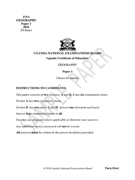 2731 Geography Uneb Sample Paper New Curriculum 2024 Plus Scoring Guide Pdf