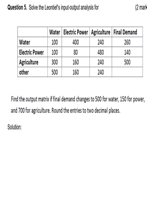 Get Answer Question 5 Solve The Leontiefs Input Output Analysis For 2 Mark Transtutors